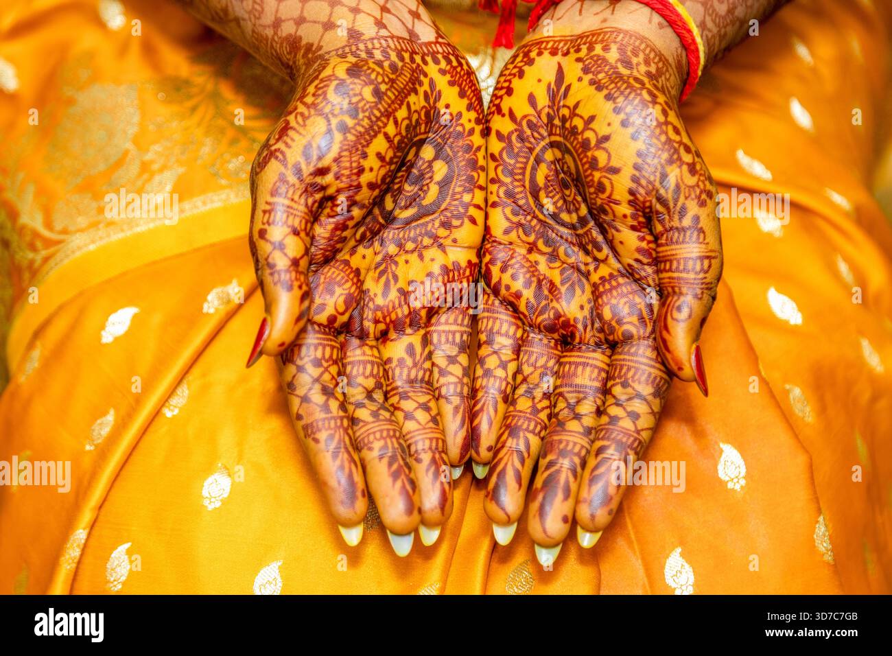 The detailed henna art on the hands is a beautiful display of cultural ...