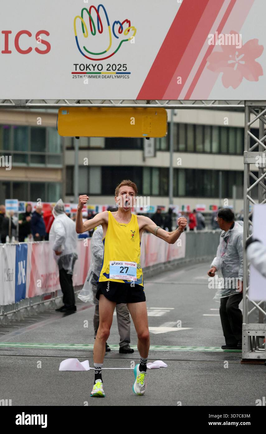 Otto KINGSTEDT of Sweden crosses the finish line during Men's Marathon ...