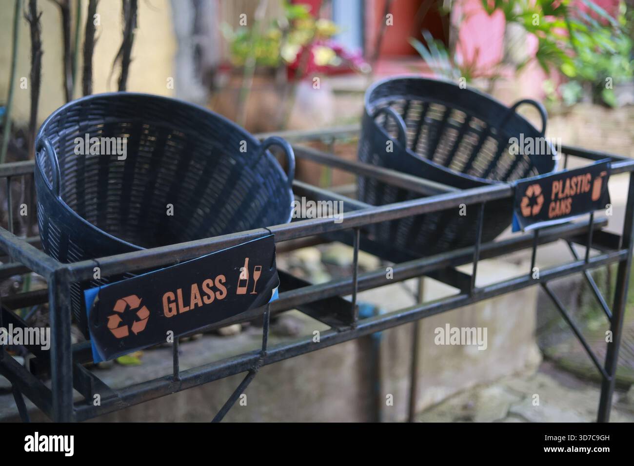 Outdoor recycle bins for glass and plastic waste sorting. metal stand ...