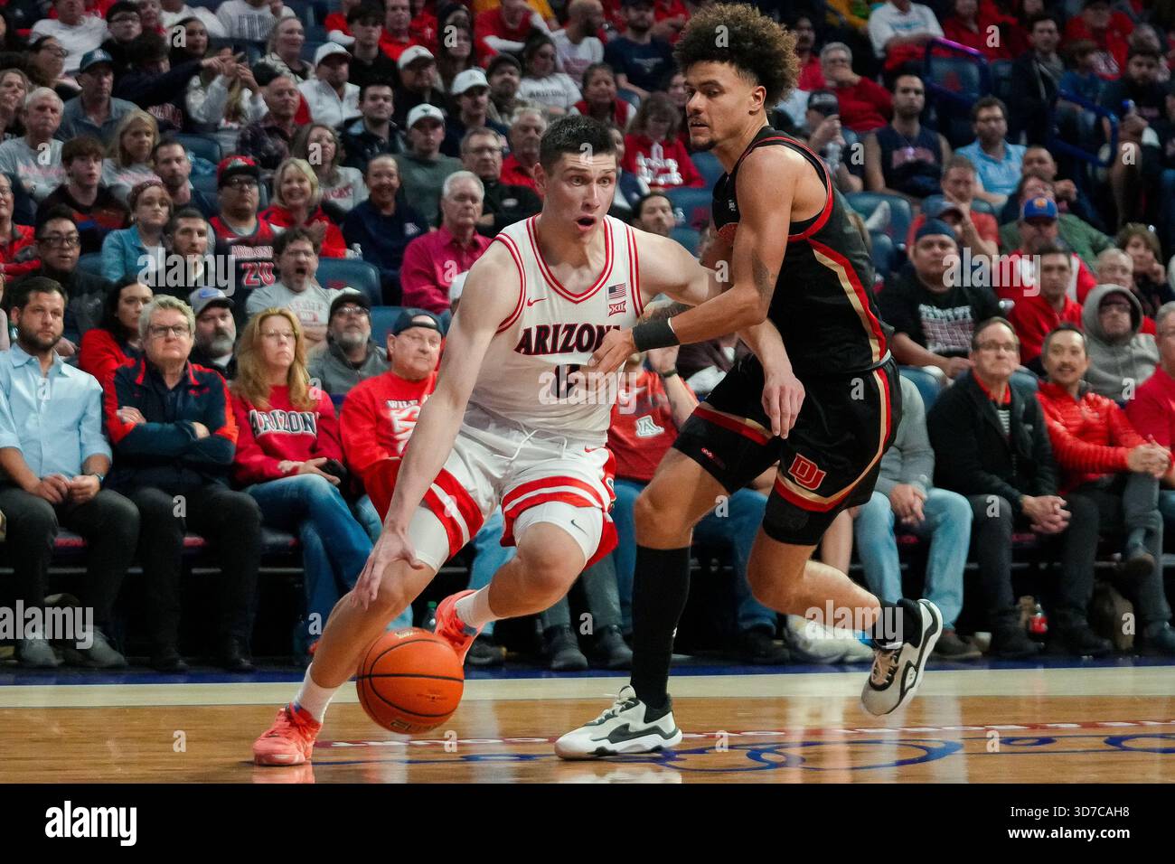 Arizona Wildcats forward Ivan Kharchenkov (8) dribbles around Denver ...