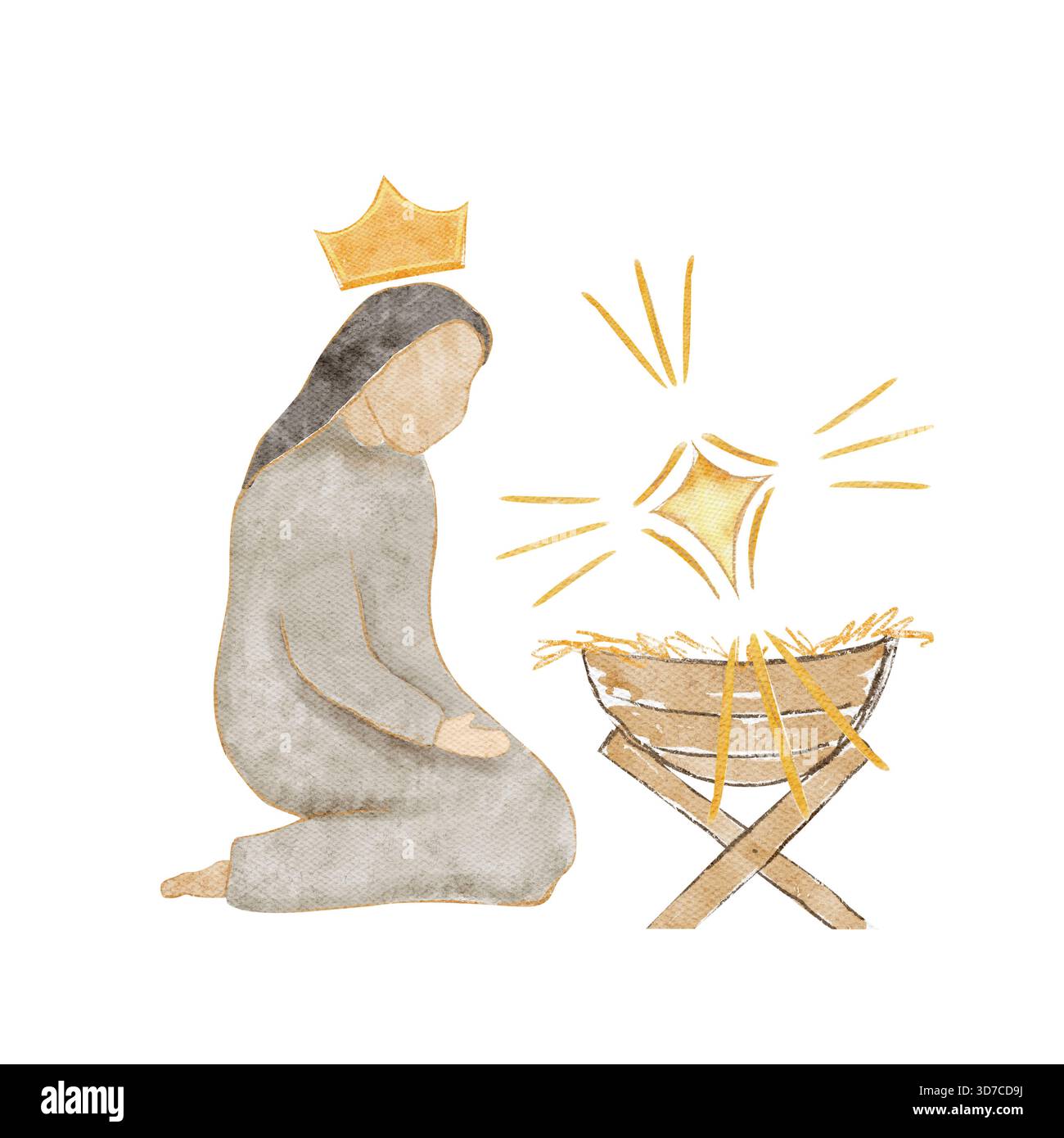 Kneeling Mary beside a manger, crown and a glowing golden star. Hand ...