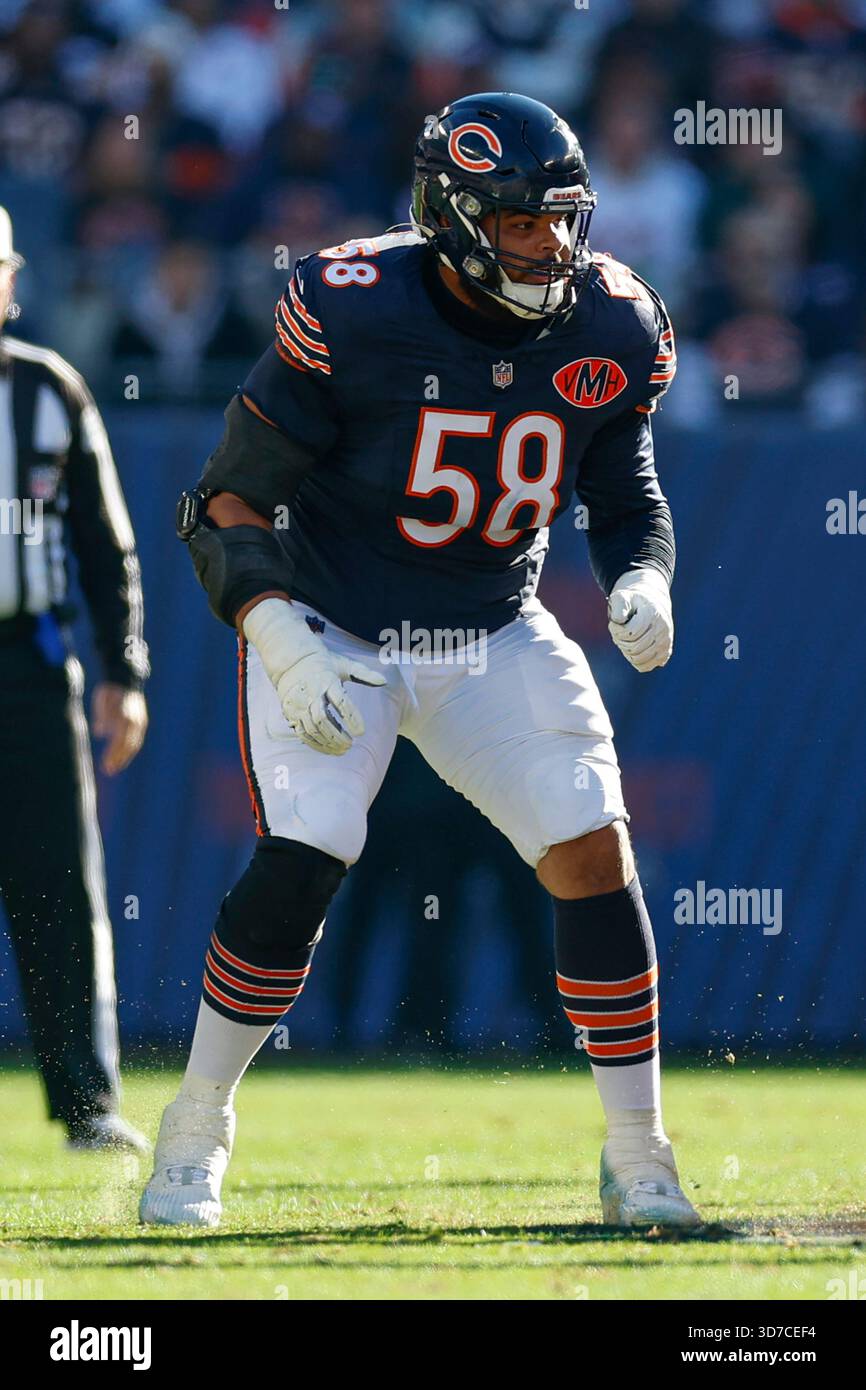 Chicago Bears offensive tackle Darnell Wright (58) blocks during the ...