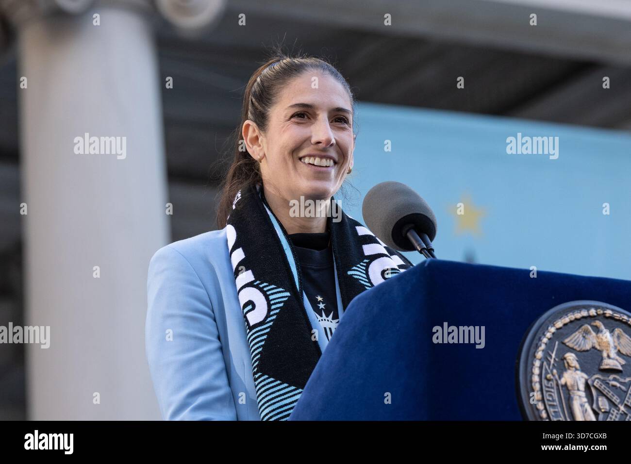Yael Averbuch West speaks during NJ/NY Gotham FC NWSL 2025 Champions ...