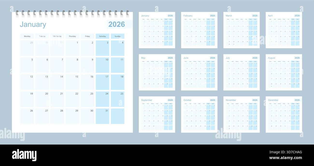 2026 wall planner in blue pastel color, week starts on Monday. Calendar ...