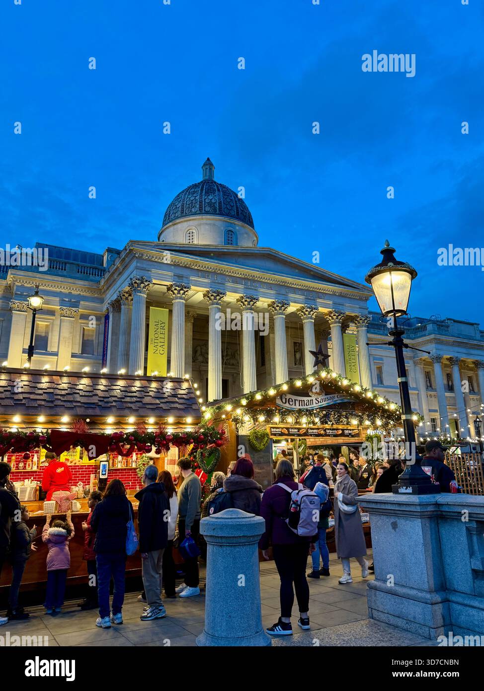 National Gallery in London at Dusk with Christmas markets illuminated ...
