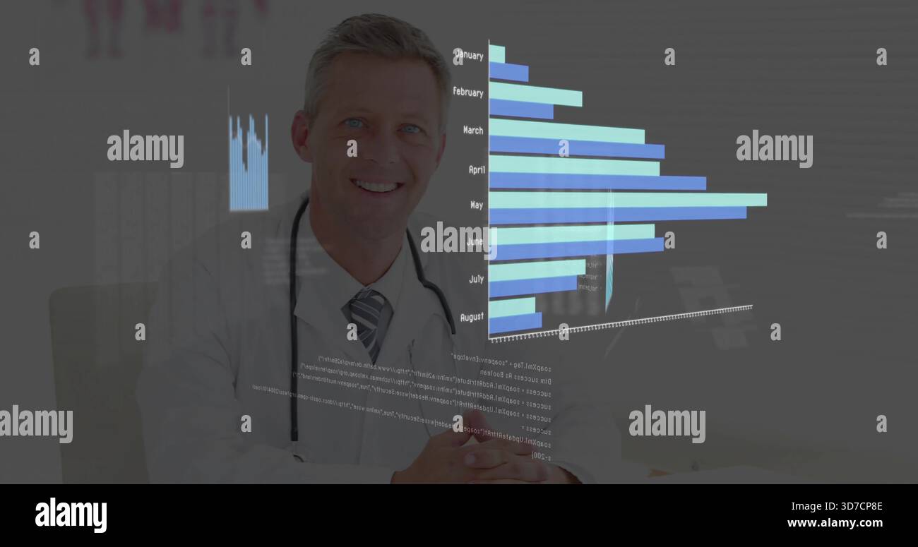 Smiling doctor wearing white lab coat and stethoscope sitting at clinic ...