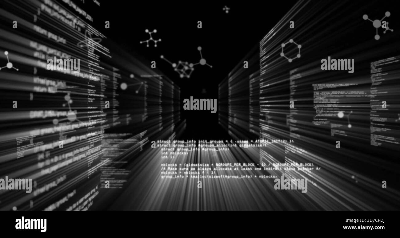 Streaming central data corridor converging in data tunnel, showing code ...