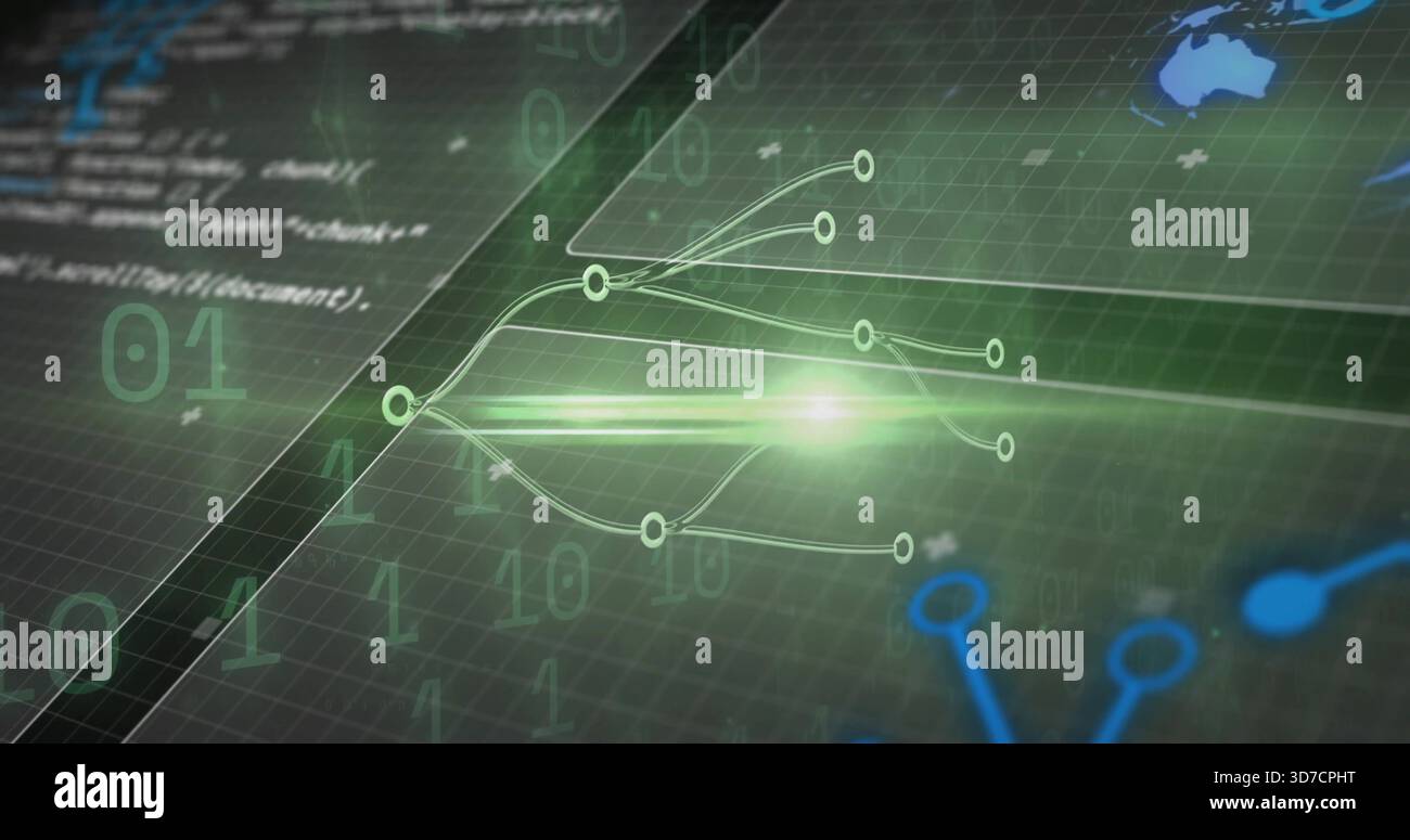 Rendering glowing central node with branching lines on virtual green ...