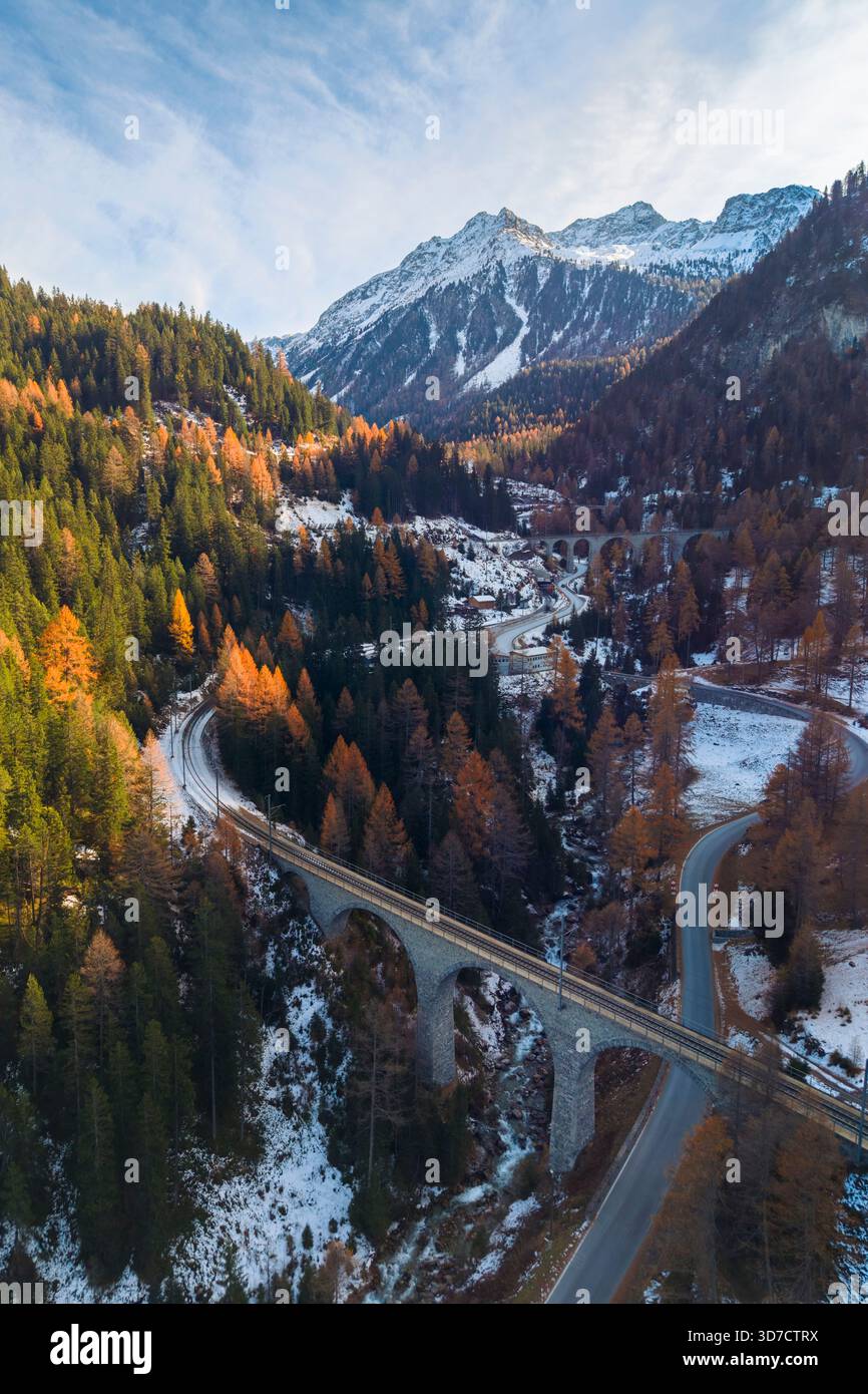 Aerial view of the Albula valley and pass with the Rhaetian Railway ...