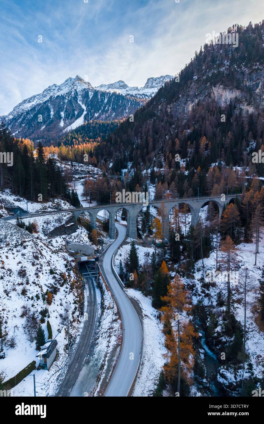 Aerial view of the Albula valley and pass with the Rhaetian Railway ...