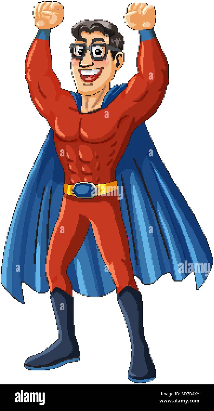 Muscular cartoon superhero in red suit and blue cape, arms raised ...