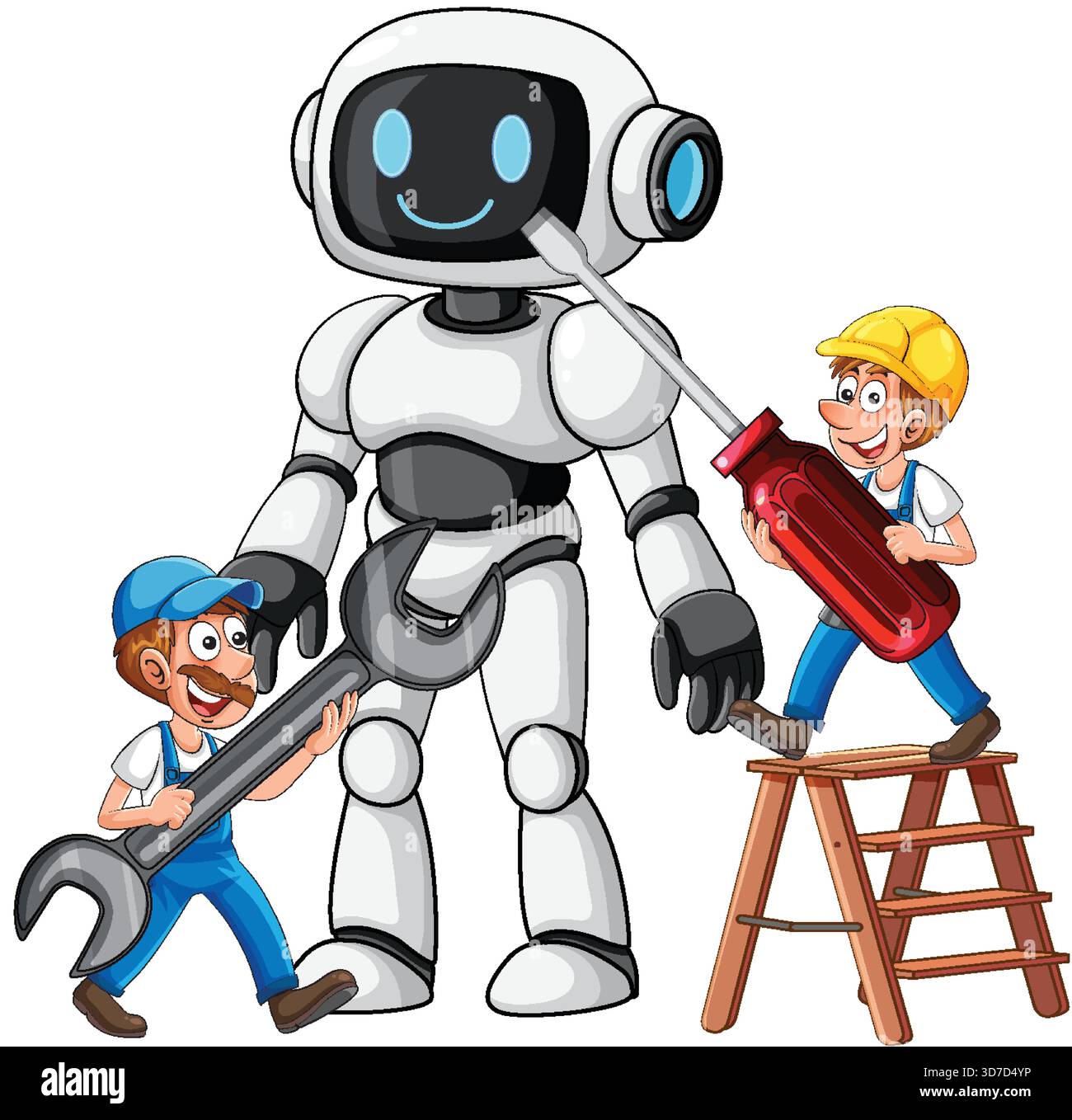 Cartoon engineers fix smiling robot using large wrench and screwdriver ...