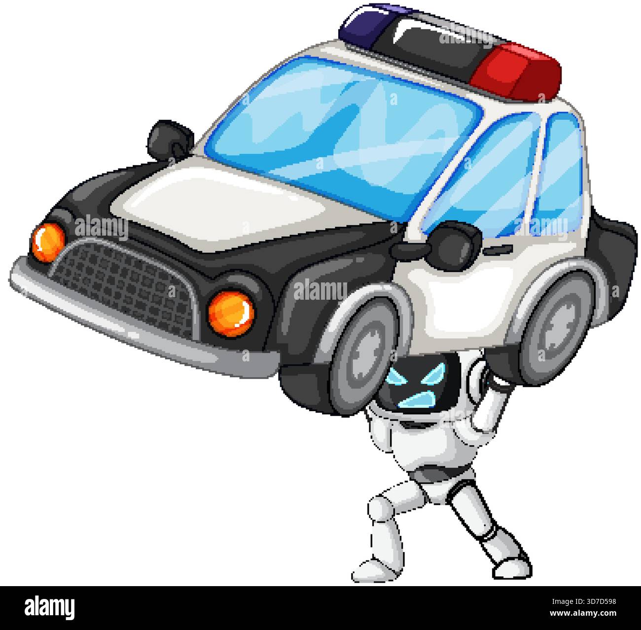 Futuristic robot lifts police car overhead, cartoon vector, bold ...