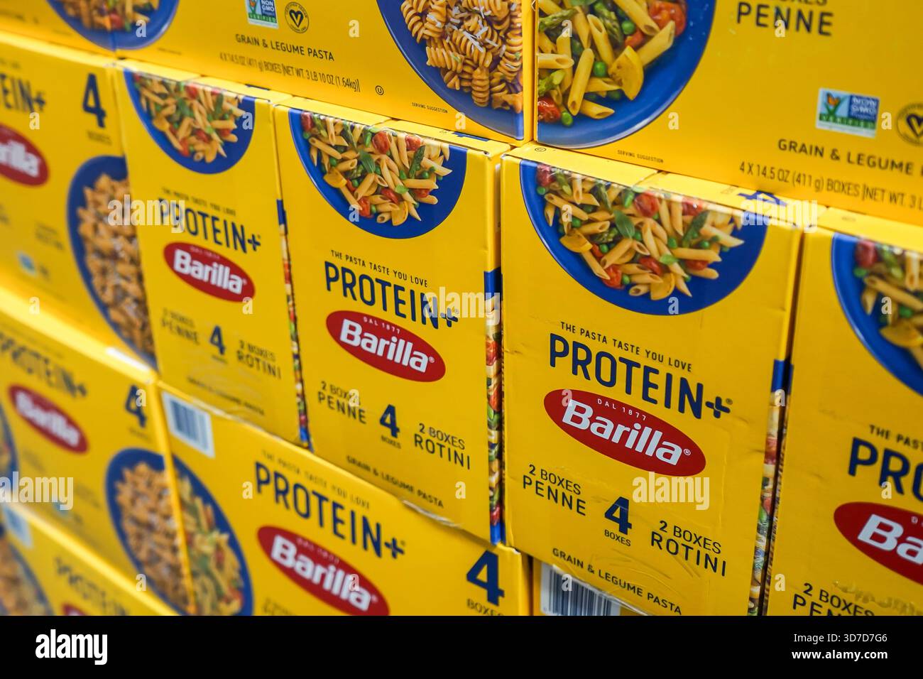 Close up view of Barilla Protein+ pasta boxes inside a Sam's Club ...