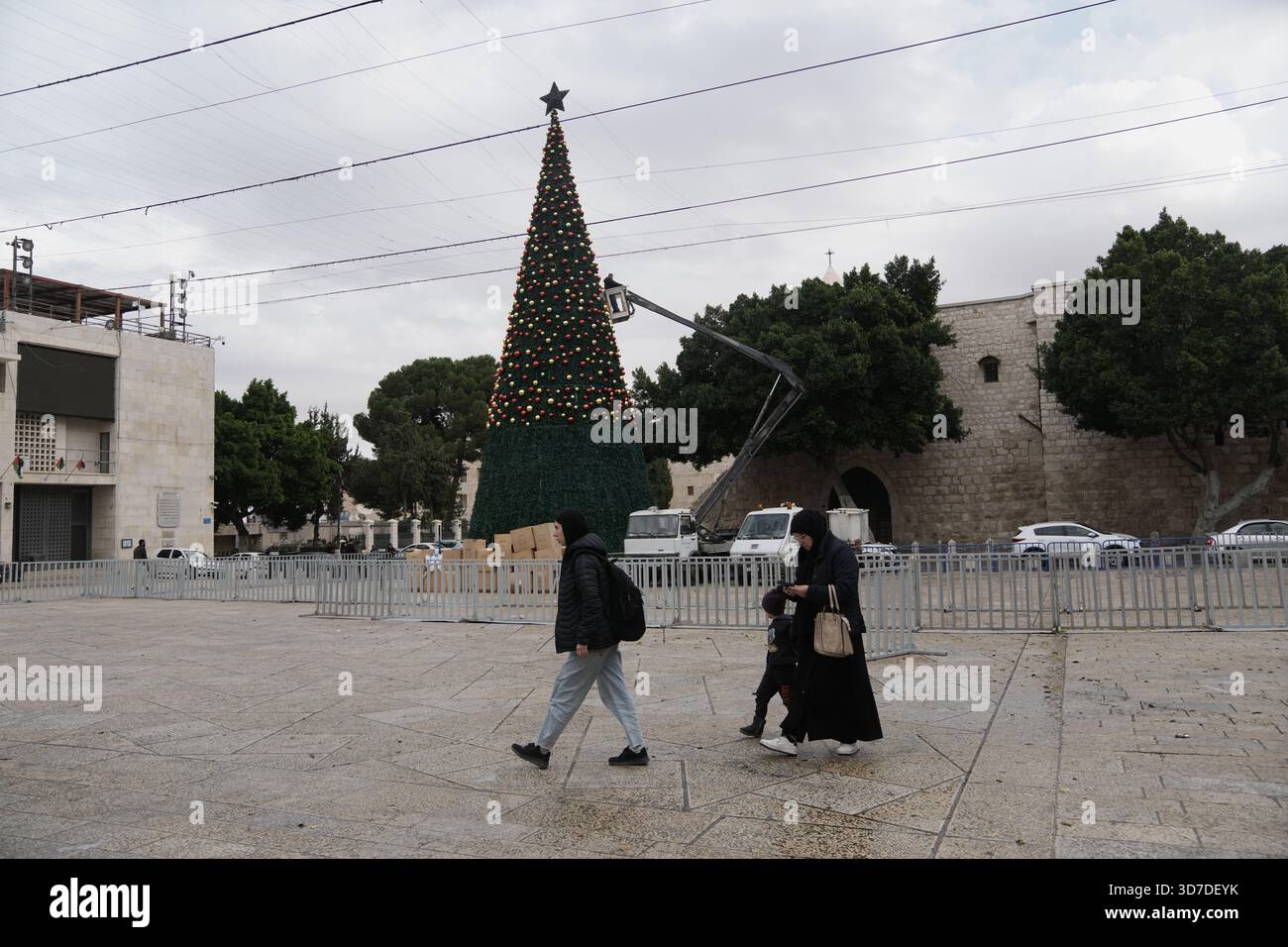 Palestinian workers prepare a Christmas tree in Manager Square ...