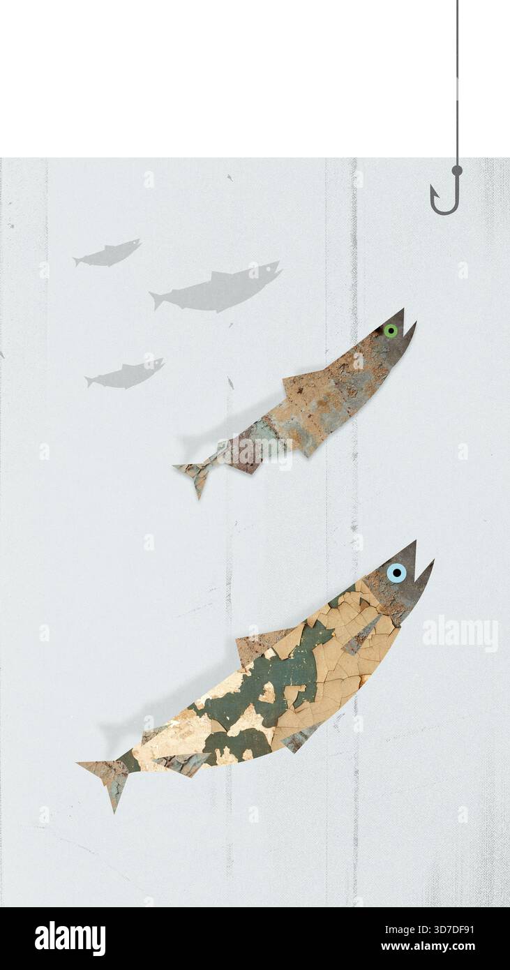 Minimal collage. Fish swimming toward hook with tense emotion Stock ...