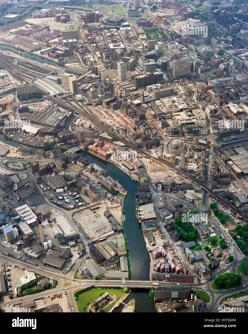 Aerial view of Leeds in 1989, showing the riverside and Tetleys Brewery ...