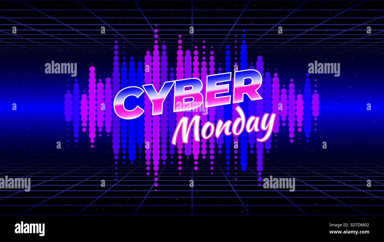 Cyber monday retro futuristic neon offer banner. 80s style, neon color ...