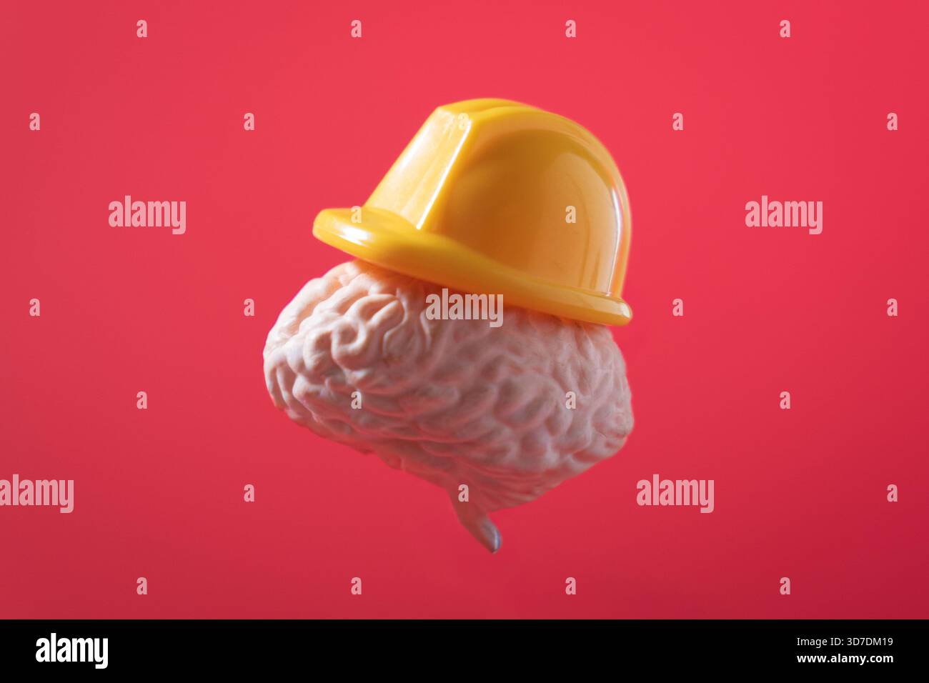 A model of a human brain wears a yellow construction hard hat against a ...