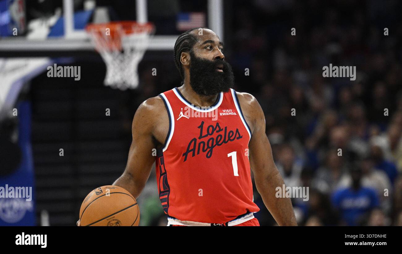 Los Angeles Clippers guard James Harden (1) controls the ball during ...