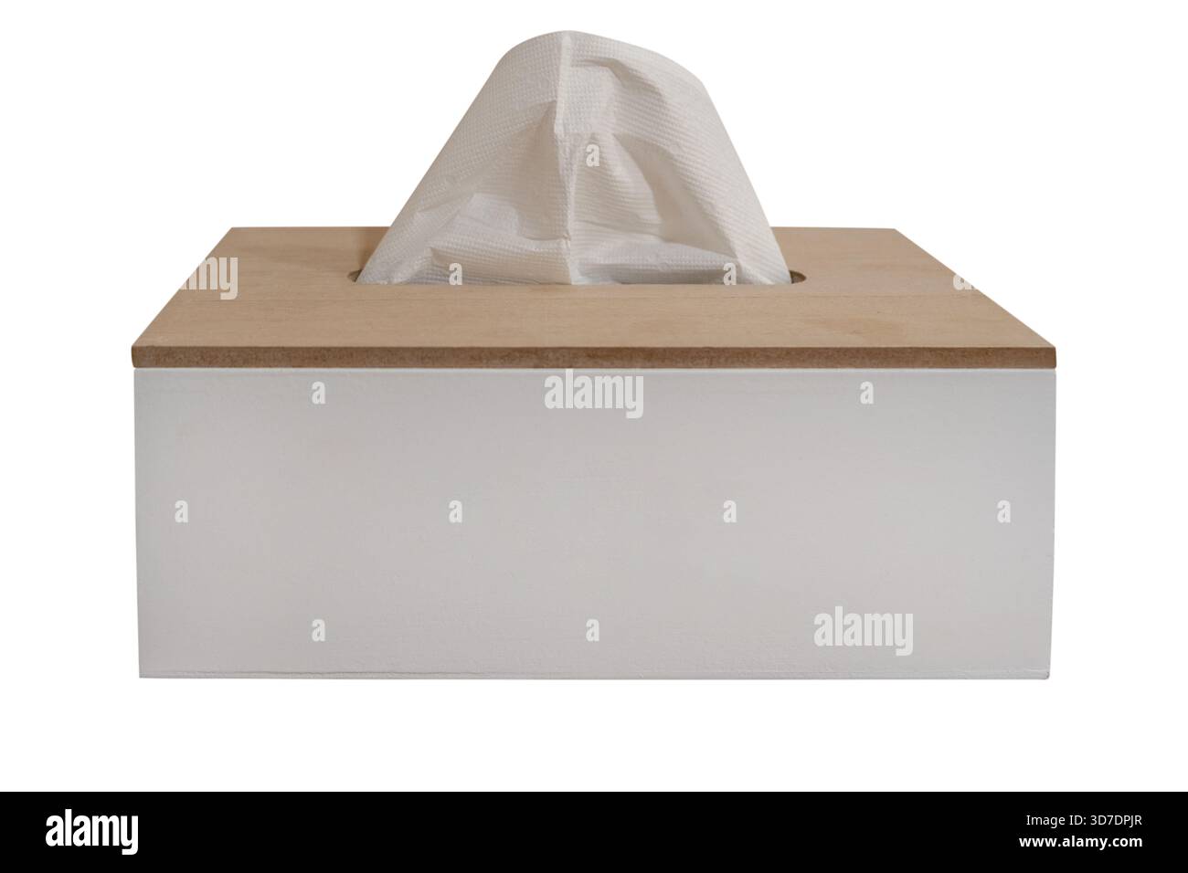 Minimalistic wooden tissue box with a white paper tissue sticking out ...