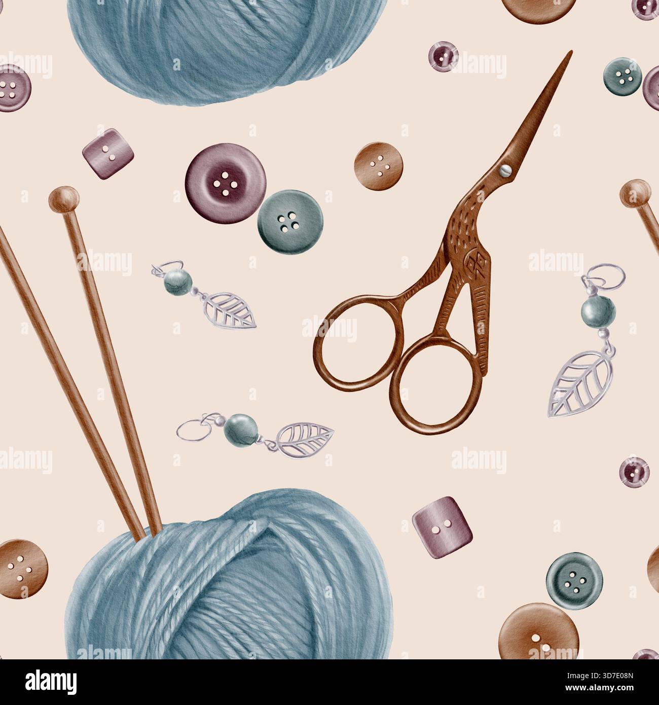 Knitting pattern with ball of yarn with wooden spokes stuck into it ...
