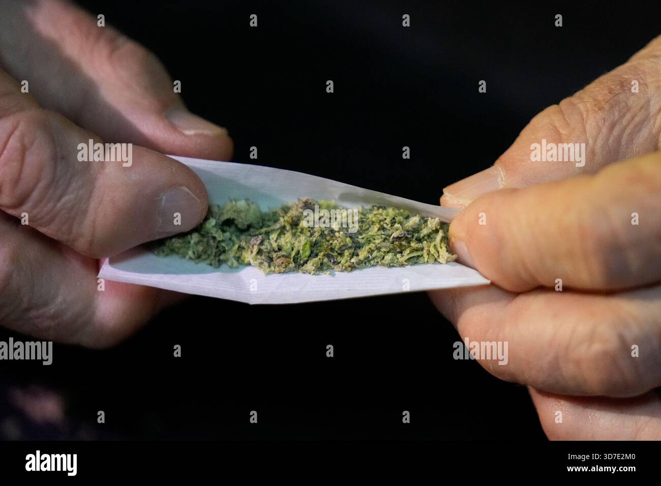 Miguel Laboy rolls a joint Friday, Nov. 14, 2025, in Brookline, Mass ...