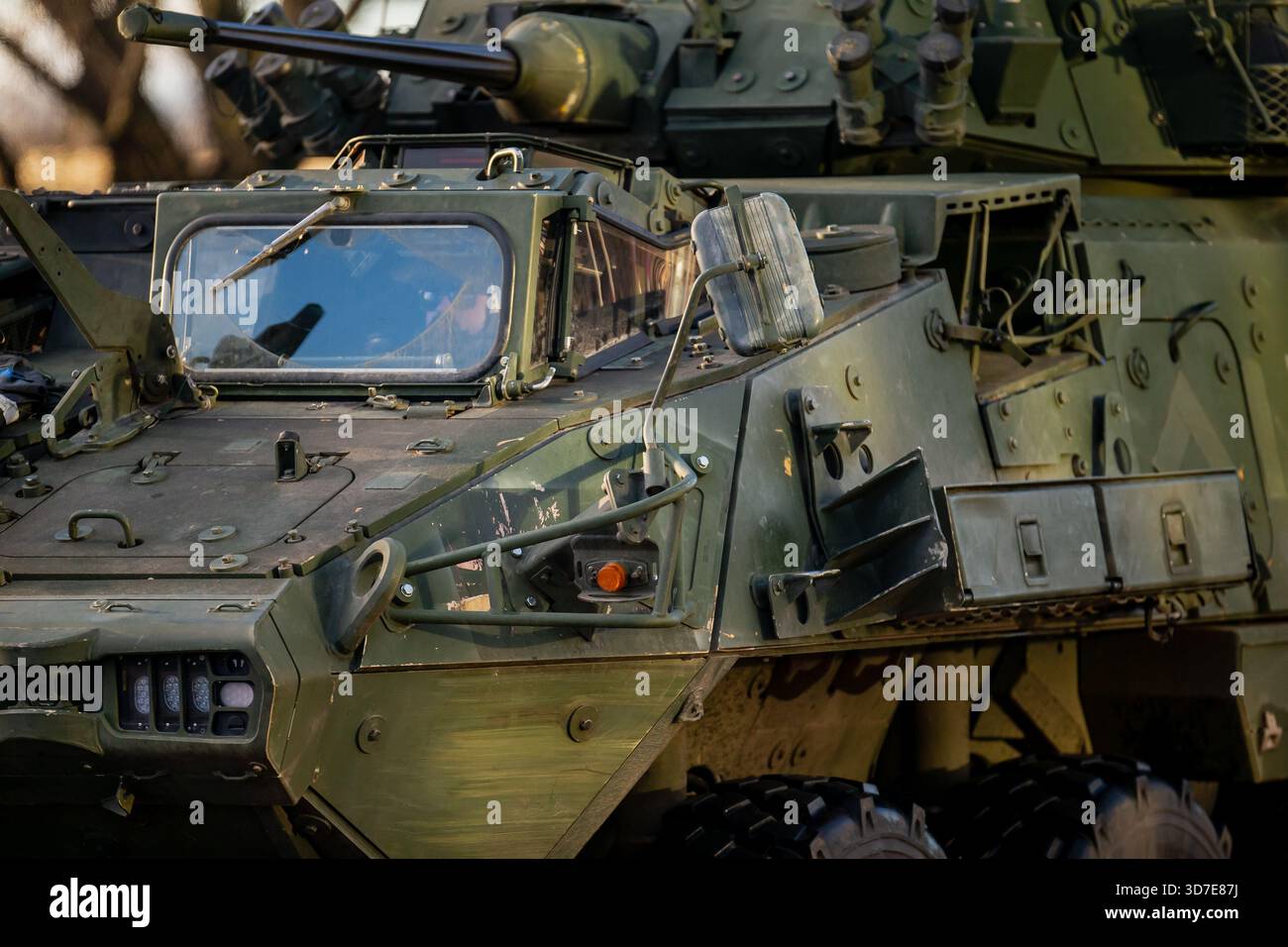 Heavily equipped NATO armored platform with reinforced hull and ...