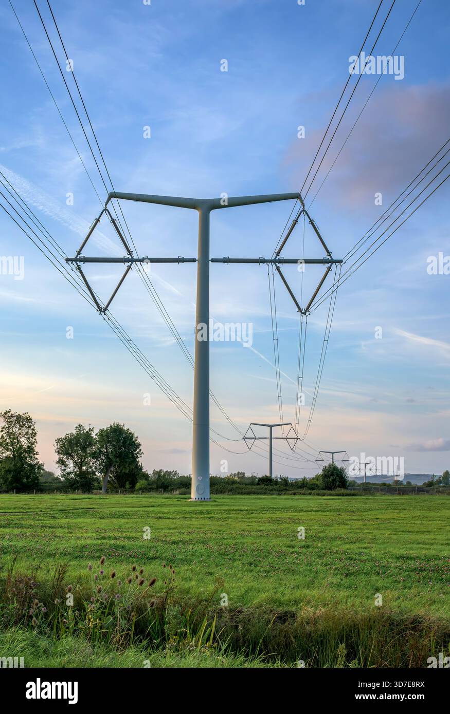 The new style T-pylons on the Somerset levels, providing electricity to ...