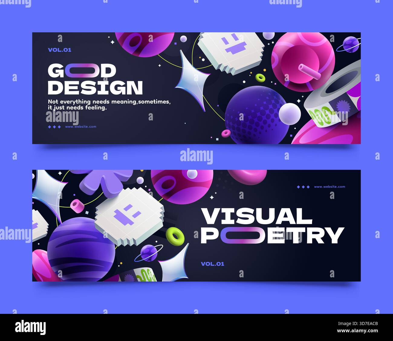 3D-Two horizontal banner designs with floating planets and dynamic ...