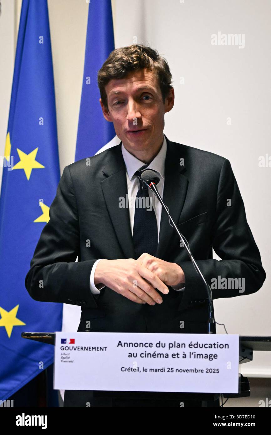 French Minister of Education Edouard Geffray delivers a speech as he ...