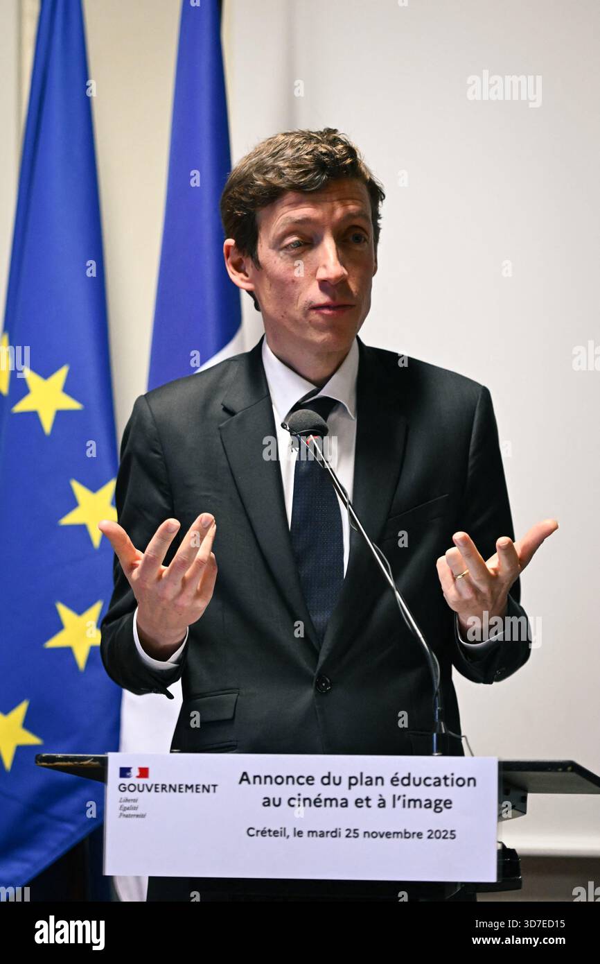 French Minister of Education Edouard Geffray delivers a speech as he ...