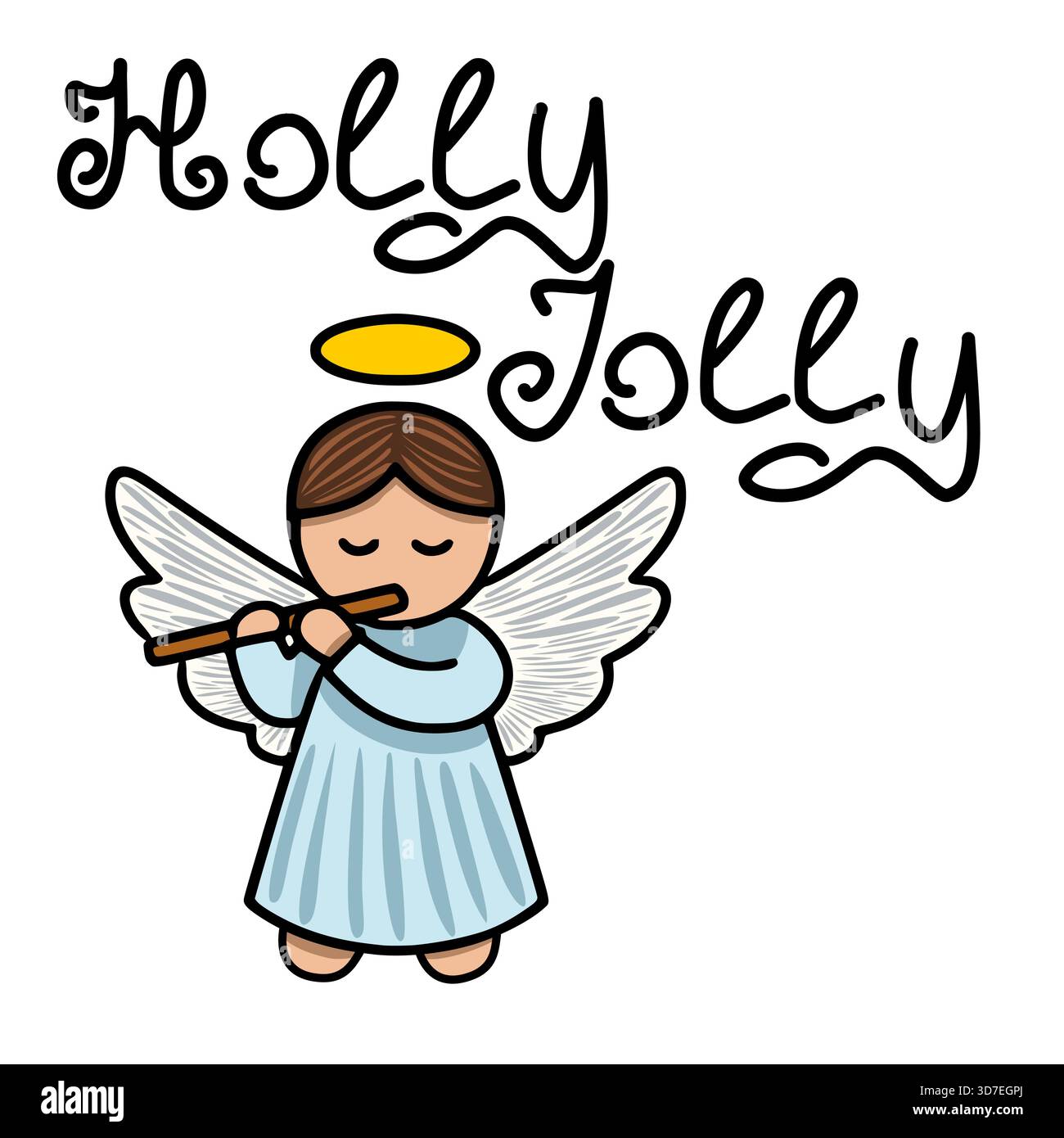 Whimsical vector illustration of a cherubic angel playing a flute, with ...