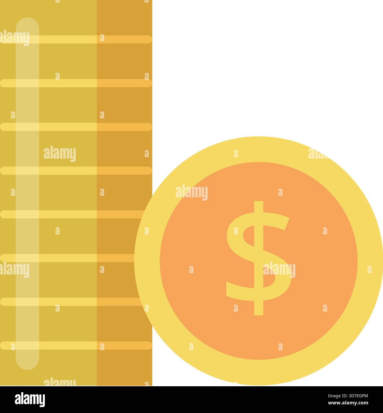 A stack of gold coins and a dollar sign. The coins are stacked on top ...