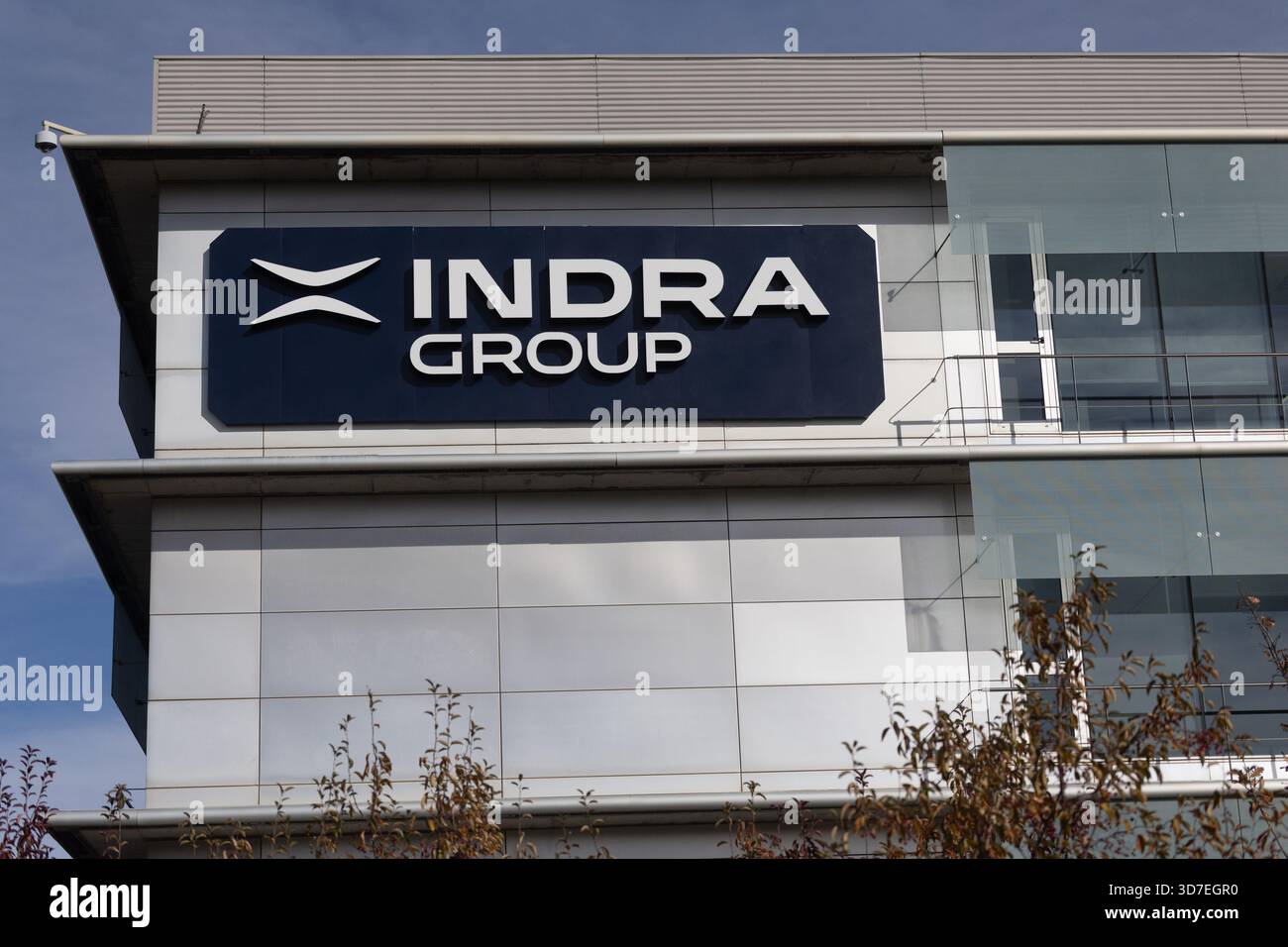 Facade of Indra's headquarters, on November 25, 2025, in Alcobendas ...