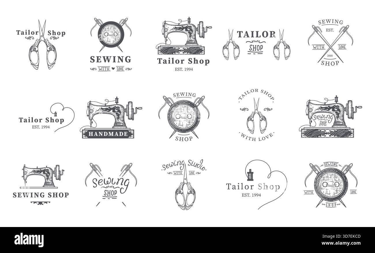 Set of tailor labels, emblems and design elements. Tailor or sewing ...