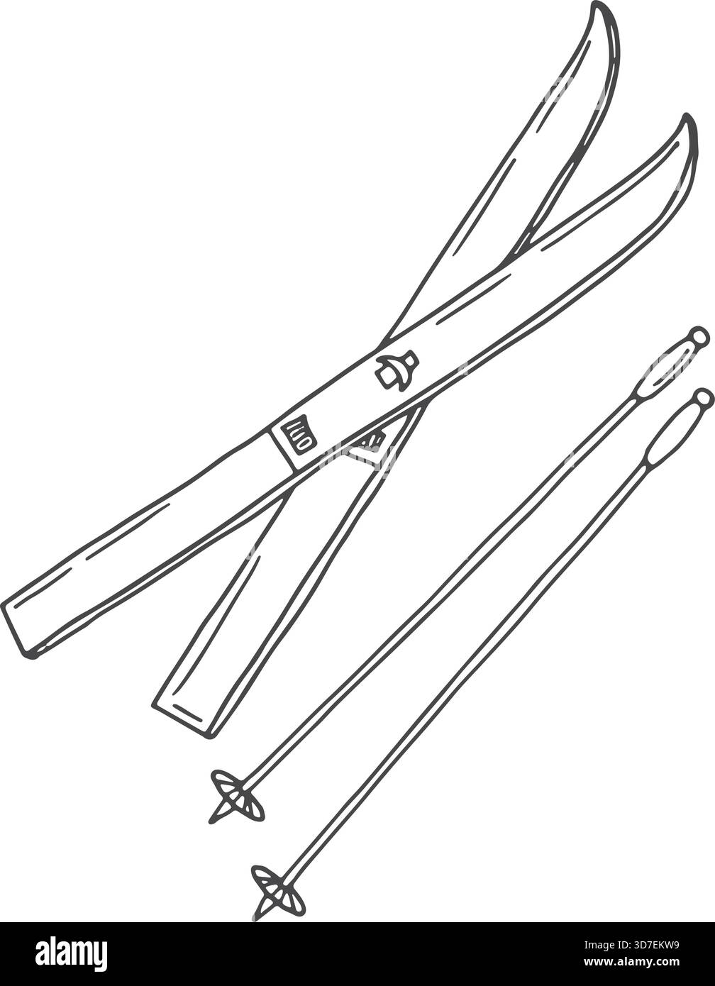 A pair of skis and ski poles are shown in a black and white drawing ...