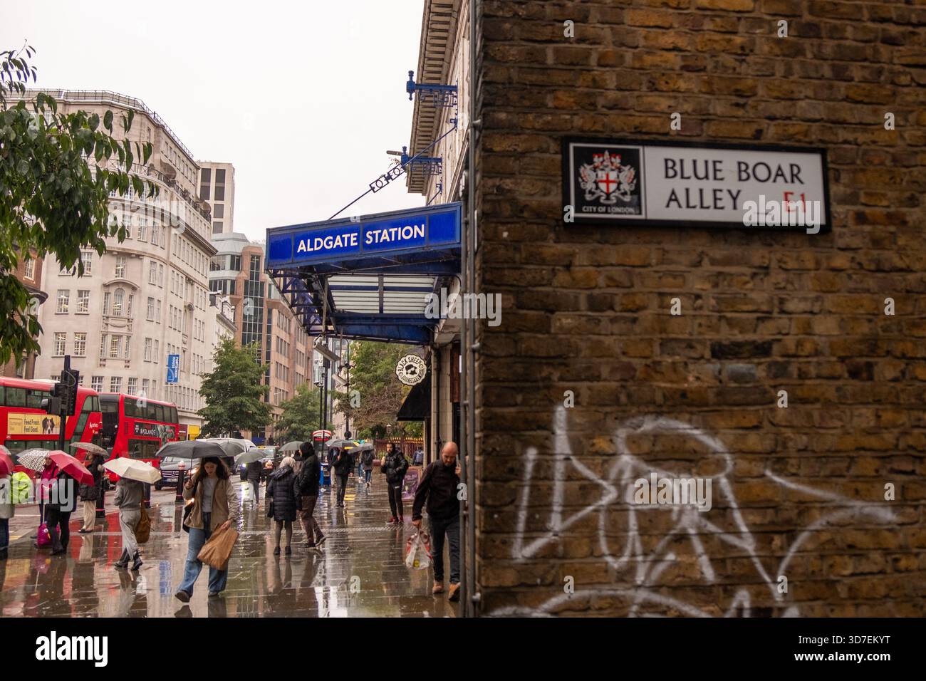 LONDON - OCTOBER 29, 2025: Aldgate - Blue Boar Alley E1 sign beside ...