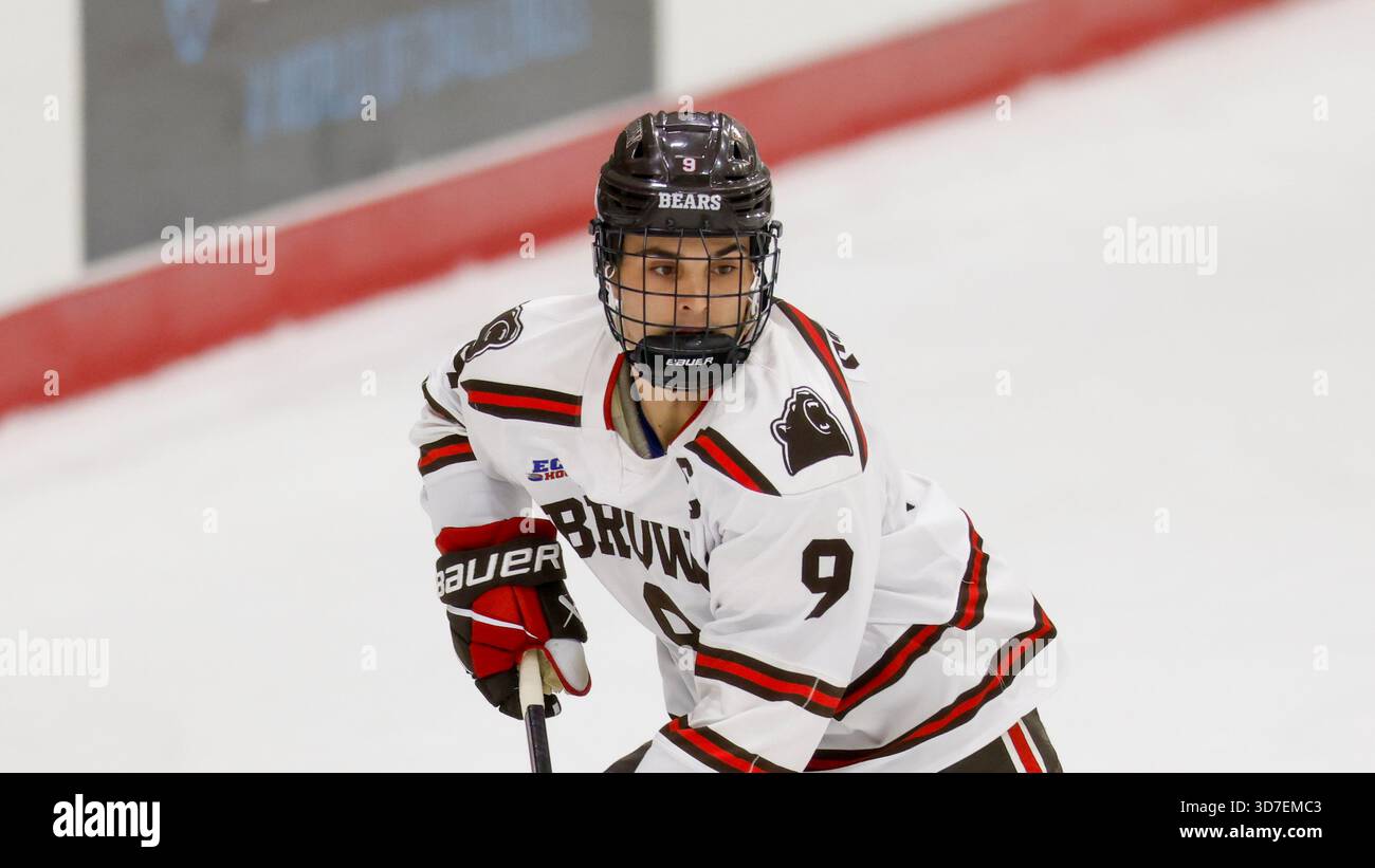 Brown forward Ryan St. Louis (9) skates during the first period of an ...