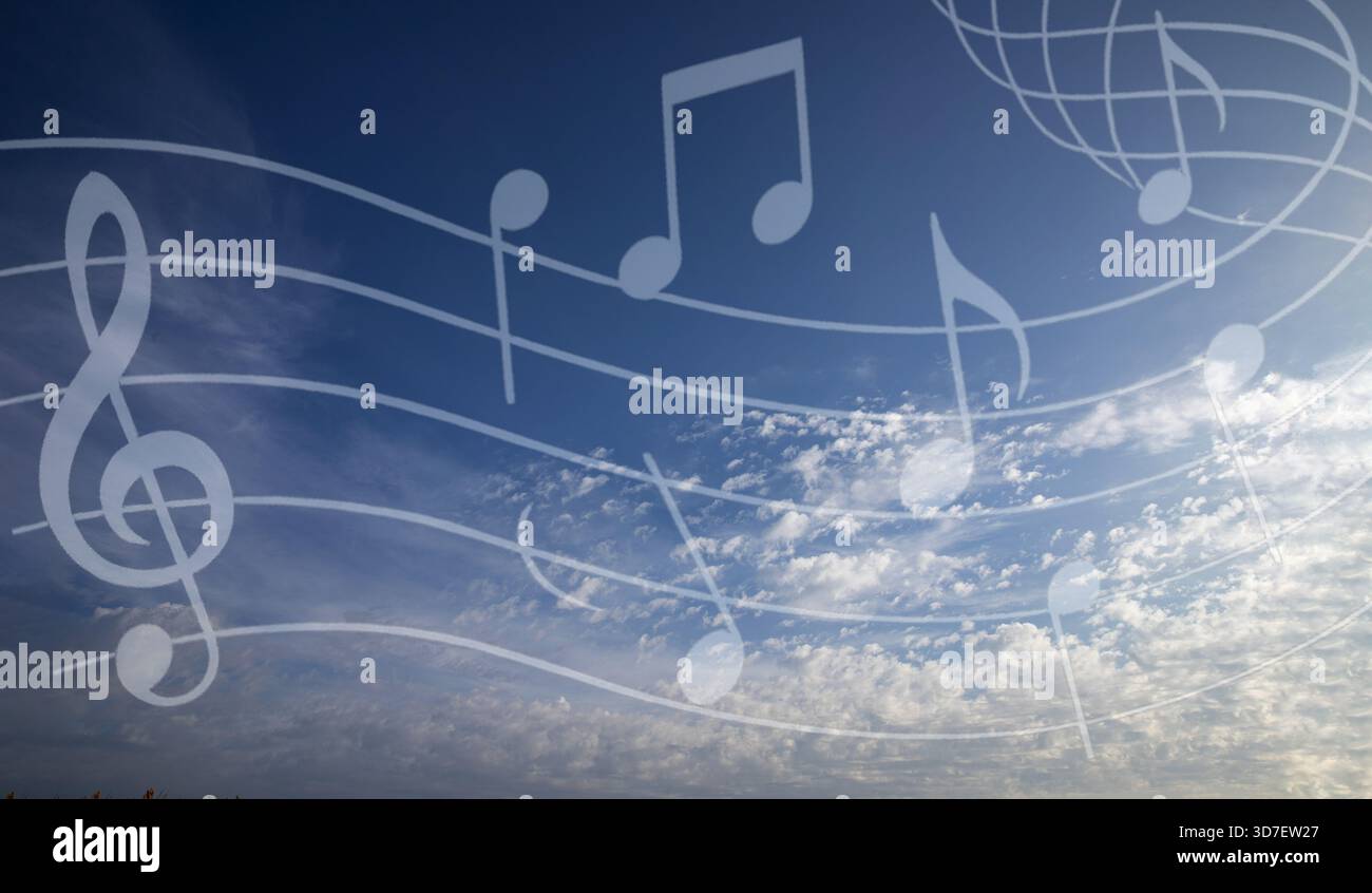 Magical sky background with soft clouds and floating musical notes ...