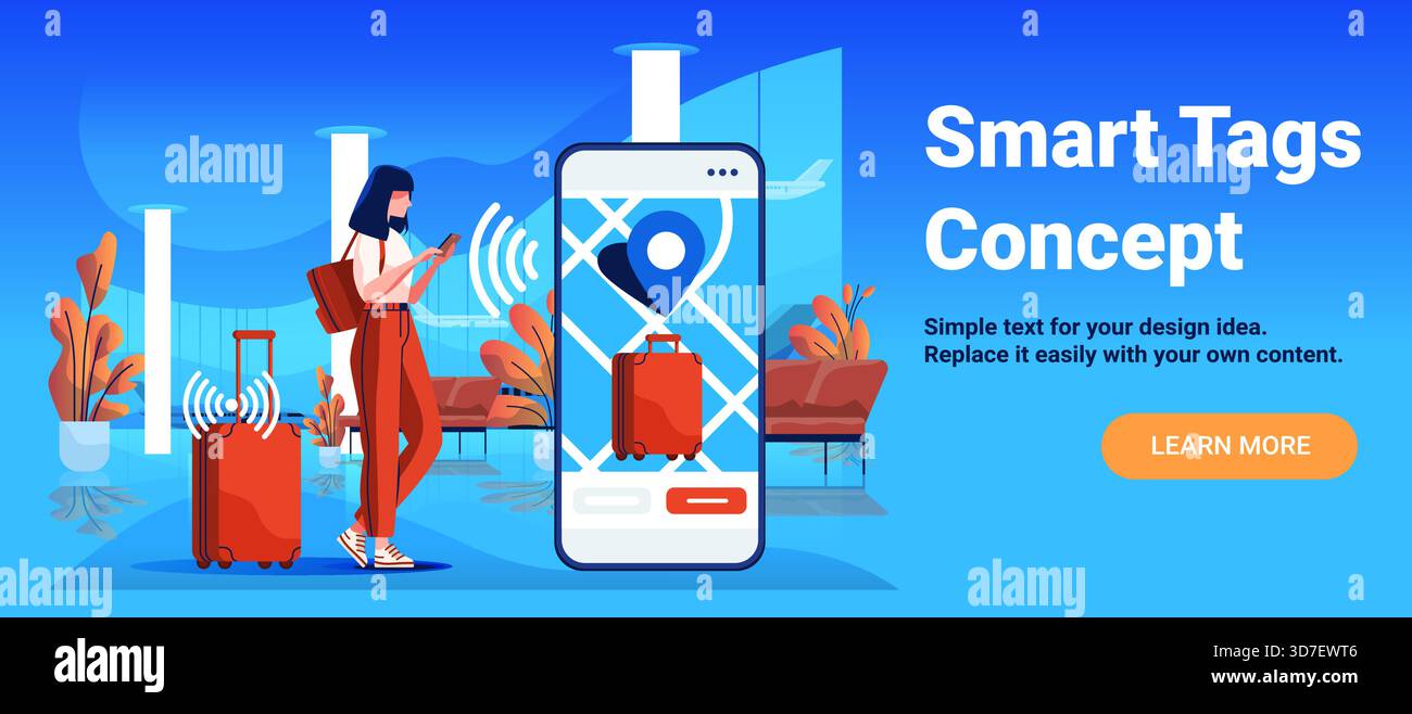 Smart tags luggage tracking airport woman using smartphone suitcase ...