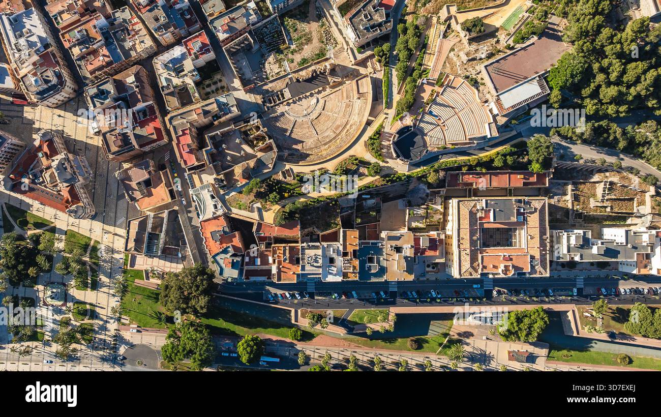 Aerial view of port city of Cartagena in Spain, surrounded by bastions ...