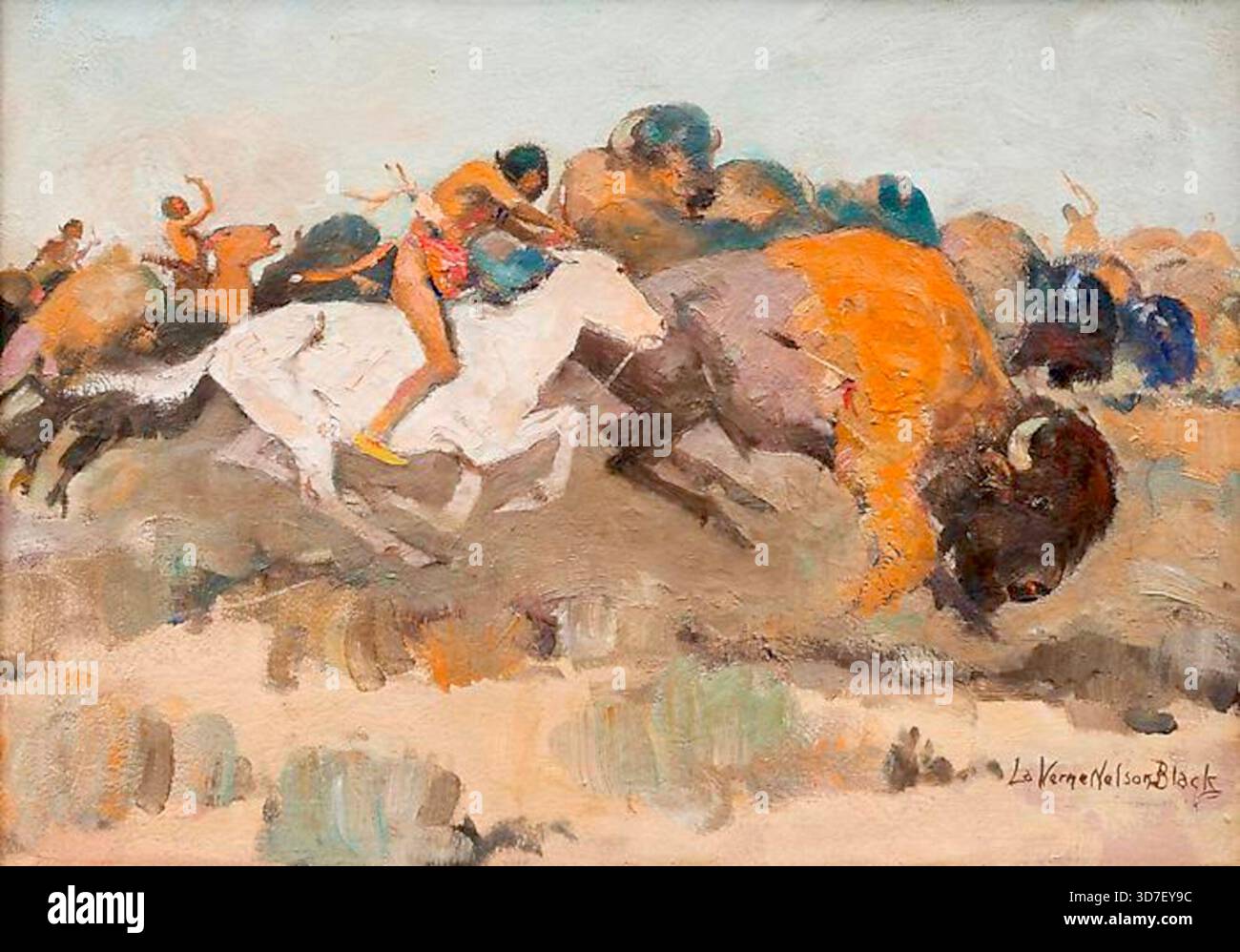 Laverne Nelson Black (1887–1938) - Buffalo Hunt - The artwork depicts a ...