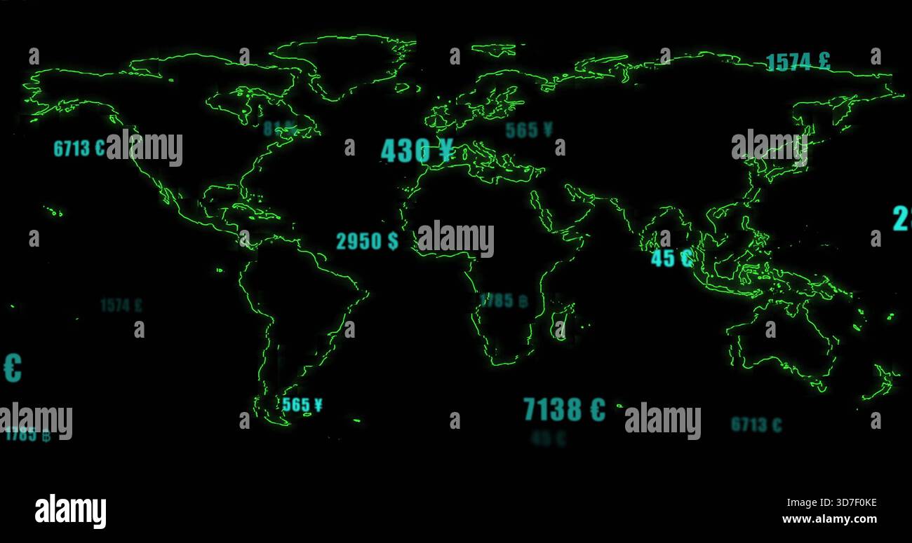 Displaying neon-green world map outline pulsing with cyan labels and ...