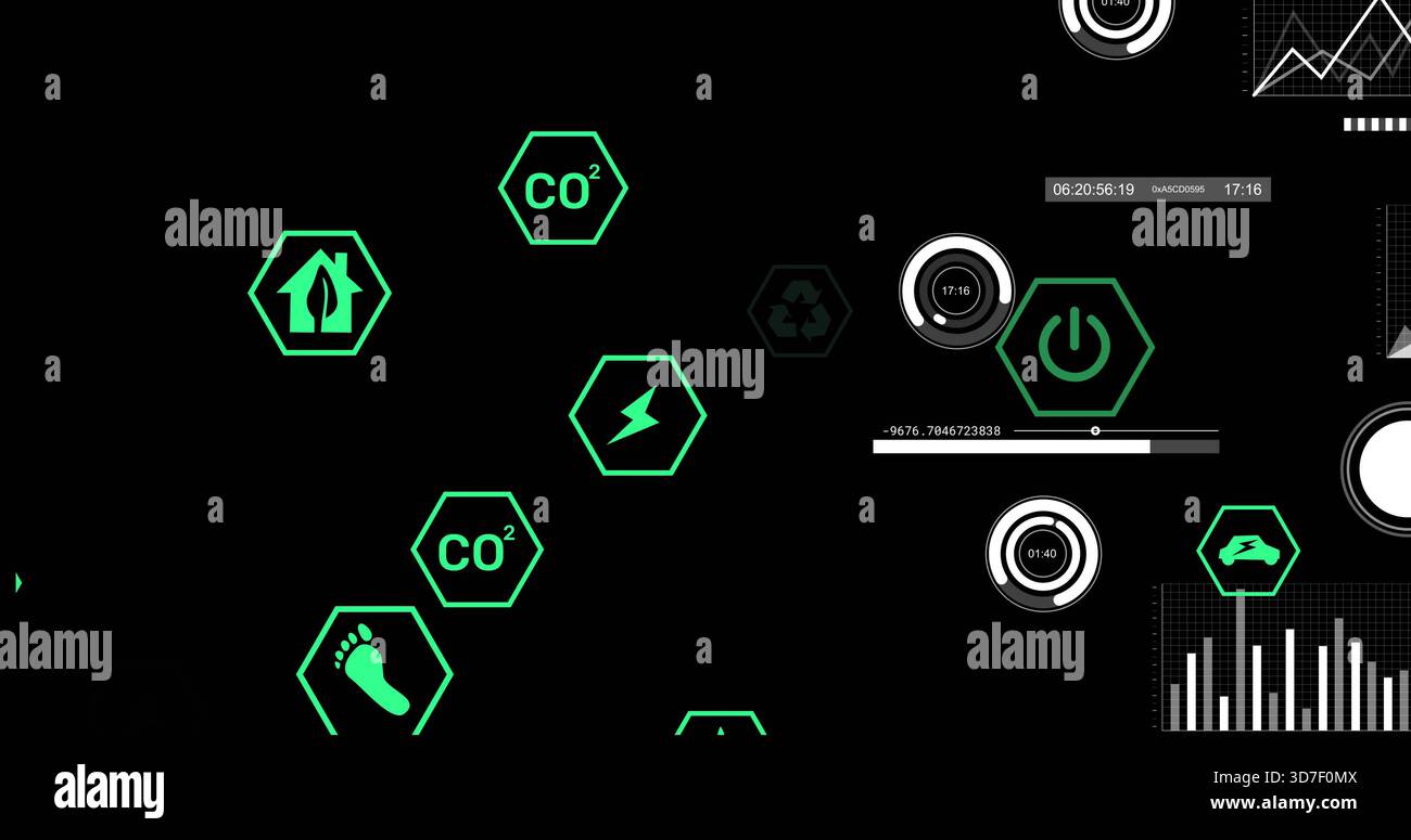 Displaying cluster neon green hexagonal icons and gauge widgets on ...