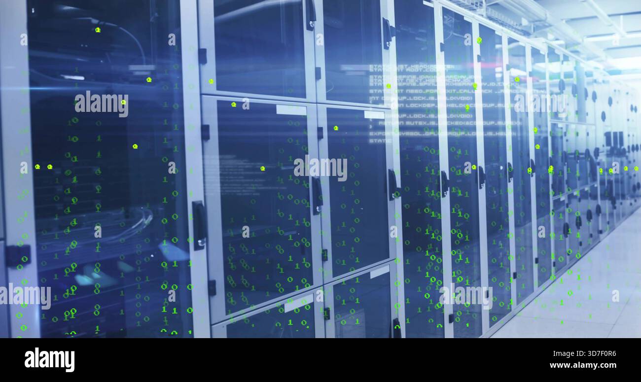Running glass-front server cabinets with LED indicators along data ...