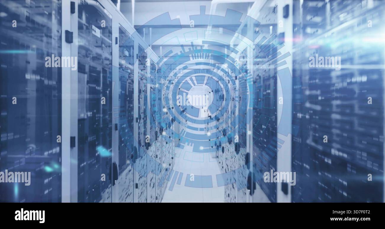 Displaying central server corridor in data center, showing rack servers ...
