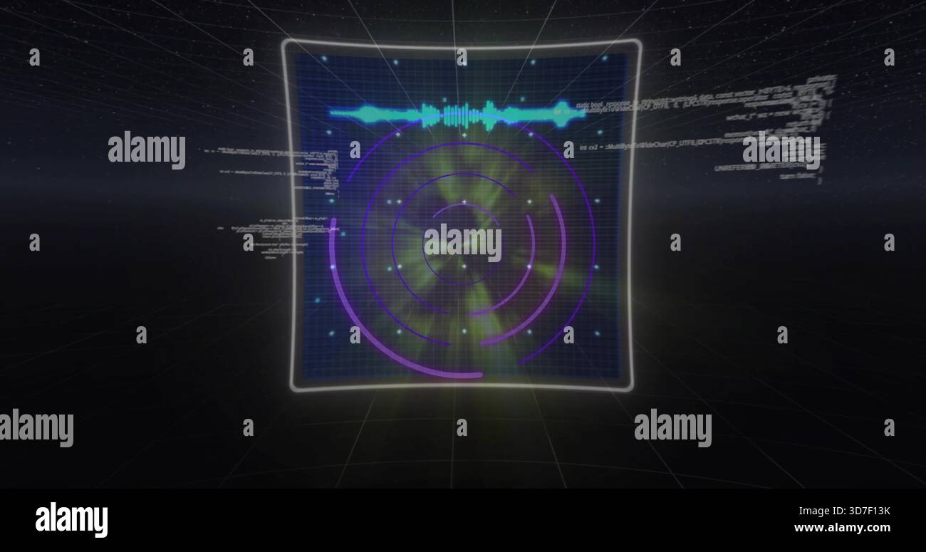Glowing hologram square display showing purple radar arcs in 3D grid ...