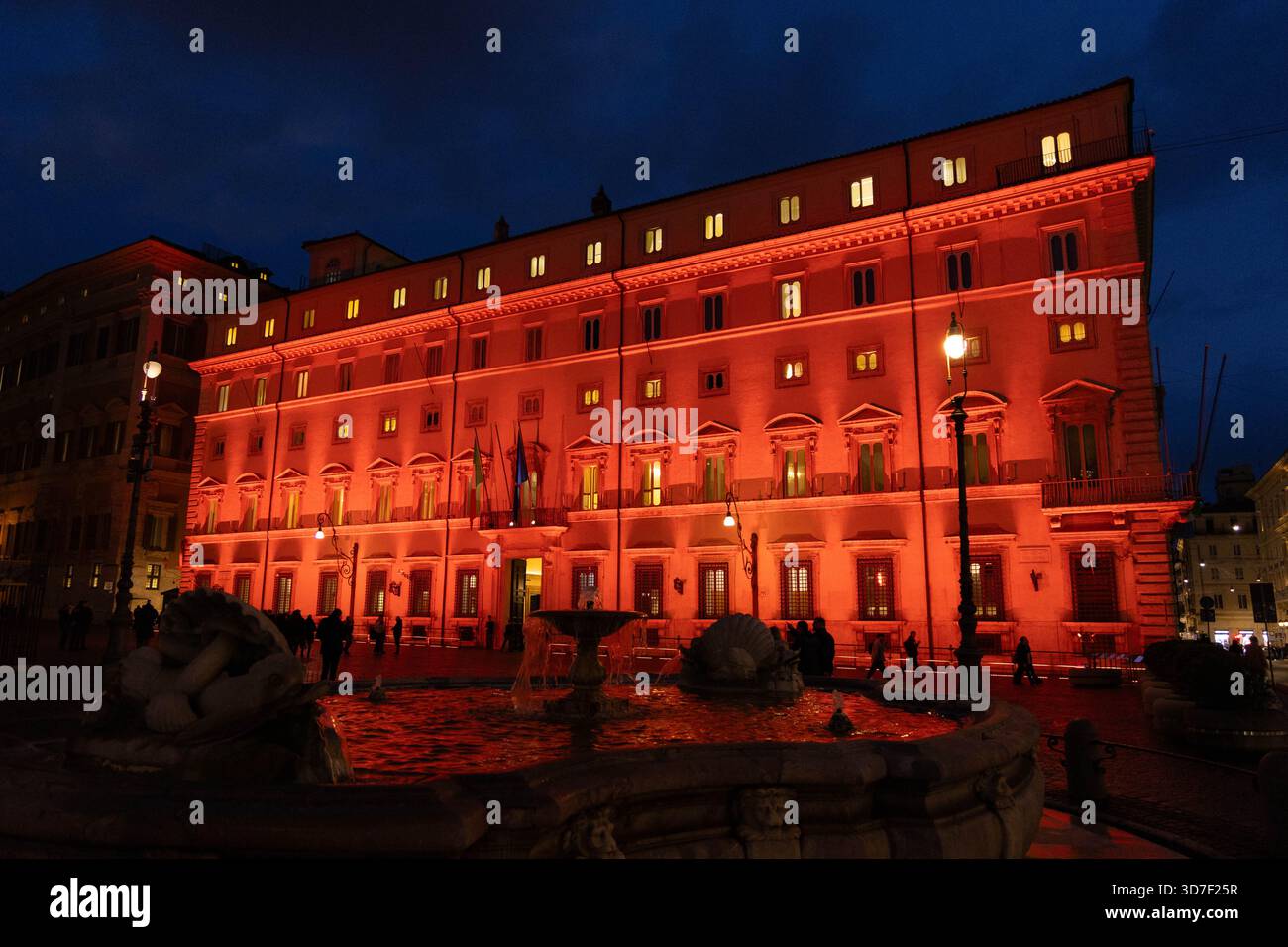 Palazzo Chigi in Rome lit up in red for the International Day for the Elimination of Violence ...