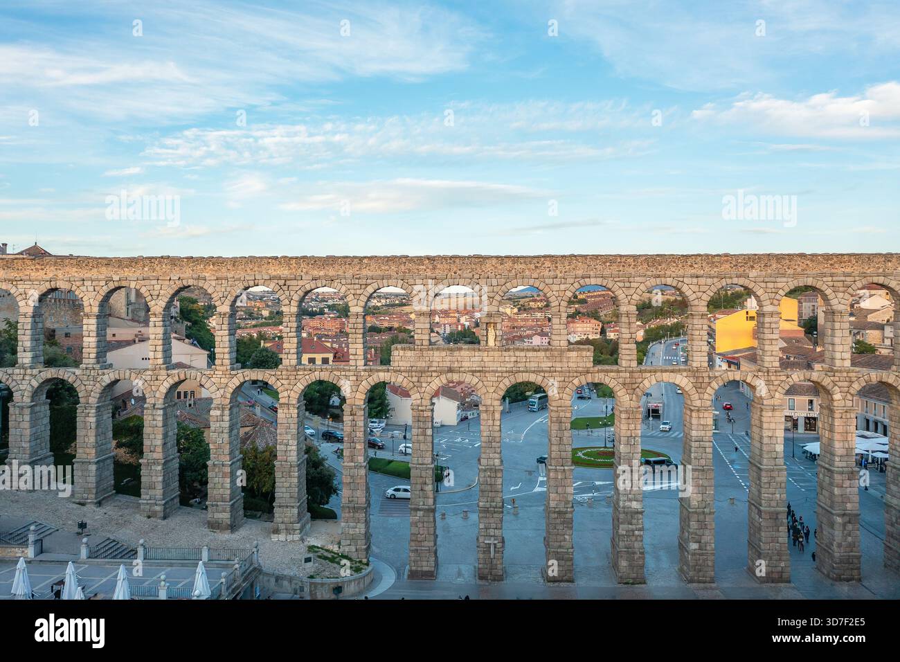 Roman aqueduct and Azogojno square of ancient Spanish European city of ...